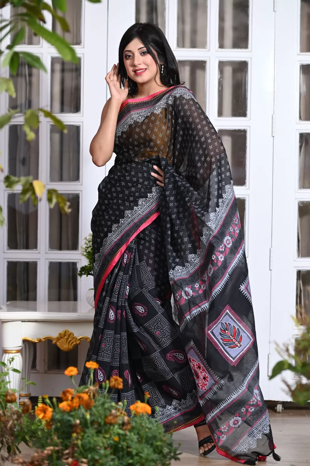 Block Printed And Screen Printed Half Silk Saree